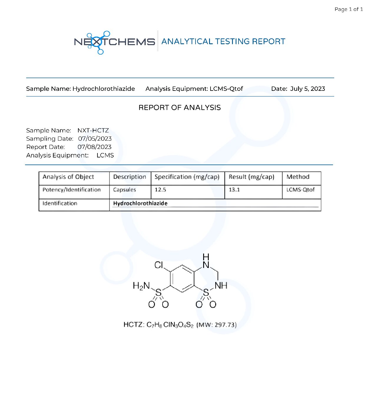 Hydrochlorothiazide (HCTZ), 12.5mg - 60 Capsules - Next Chems